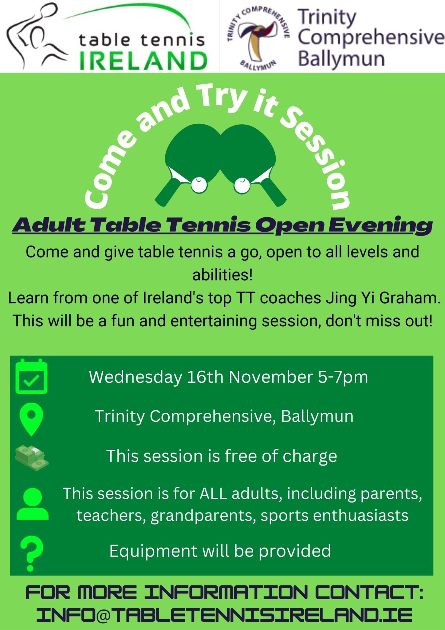 Adult Table Tennis Open Evening – Ballymun 16th of November – Table ...