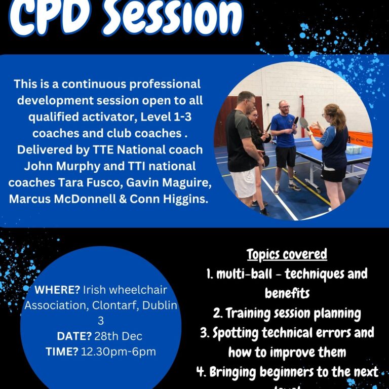 Upcoming Coaches CPD Session – 28th December – Table Tennis Ireland