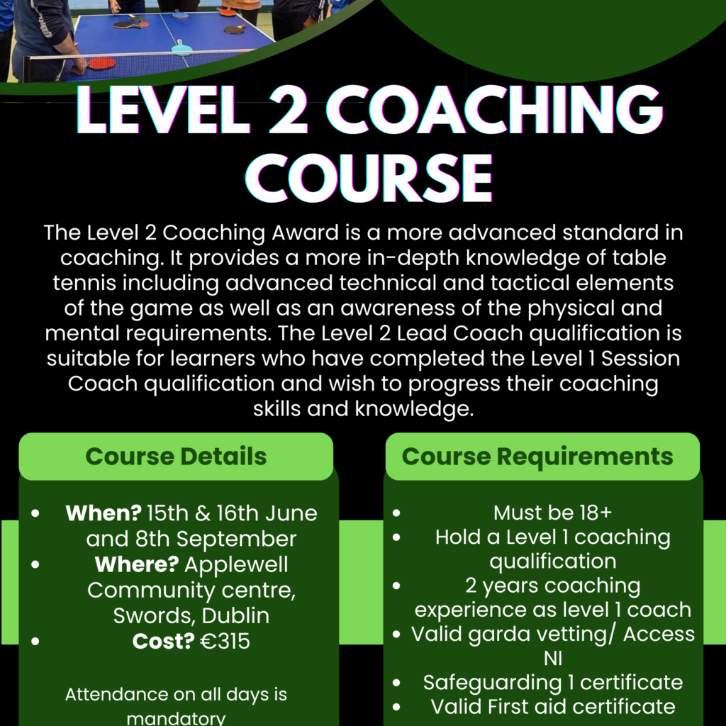 Upcoming Level 2 Coaching course – Table Tennis Ireland